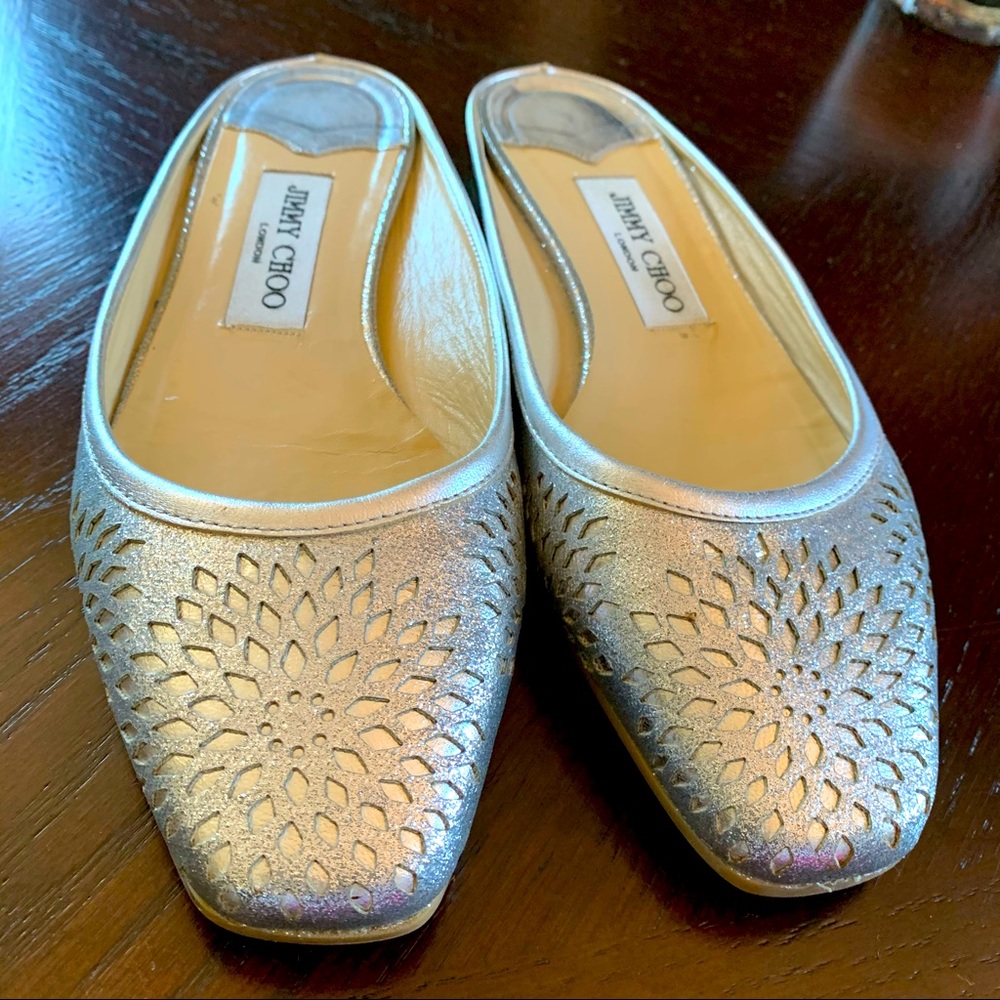 Jimmy Choo Silver Glitter Laser-Cut Flats - Gem